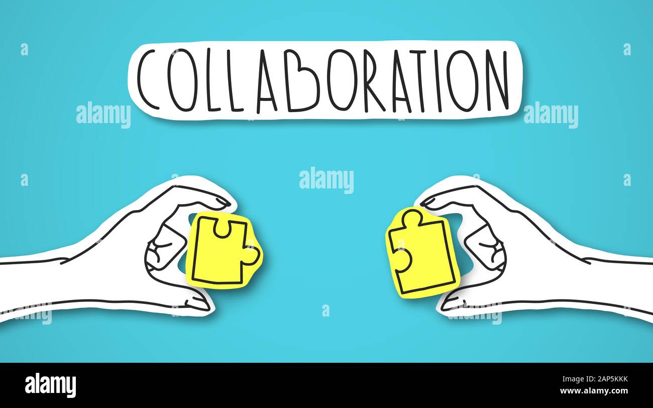 Iconic image of two hands connecting puzzles under collaboration text ...