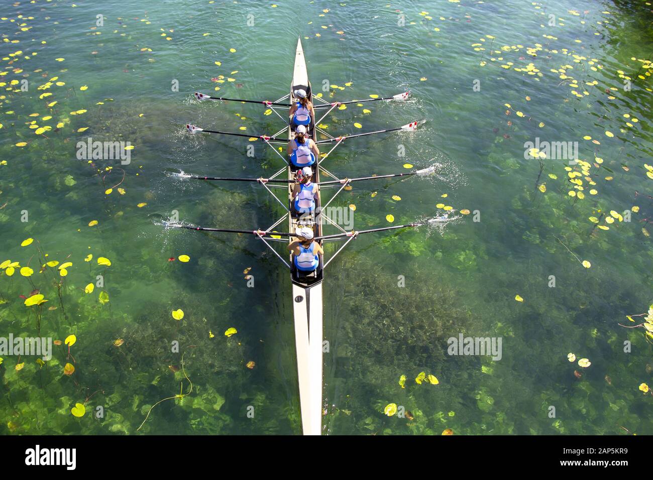 Women's quadruple rowing team on turquoise green lake Stock Photo - Alamy