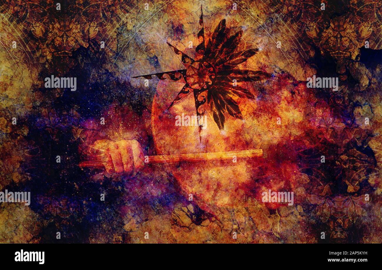 shamanic girl with frame drum on abstract structured space background ...