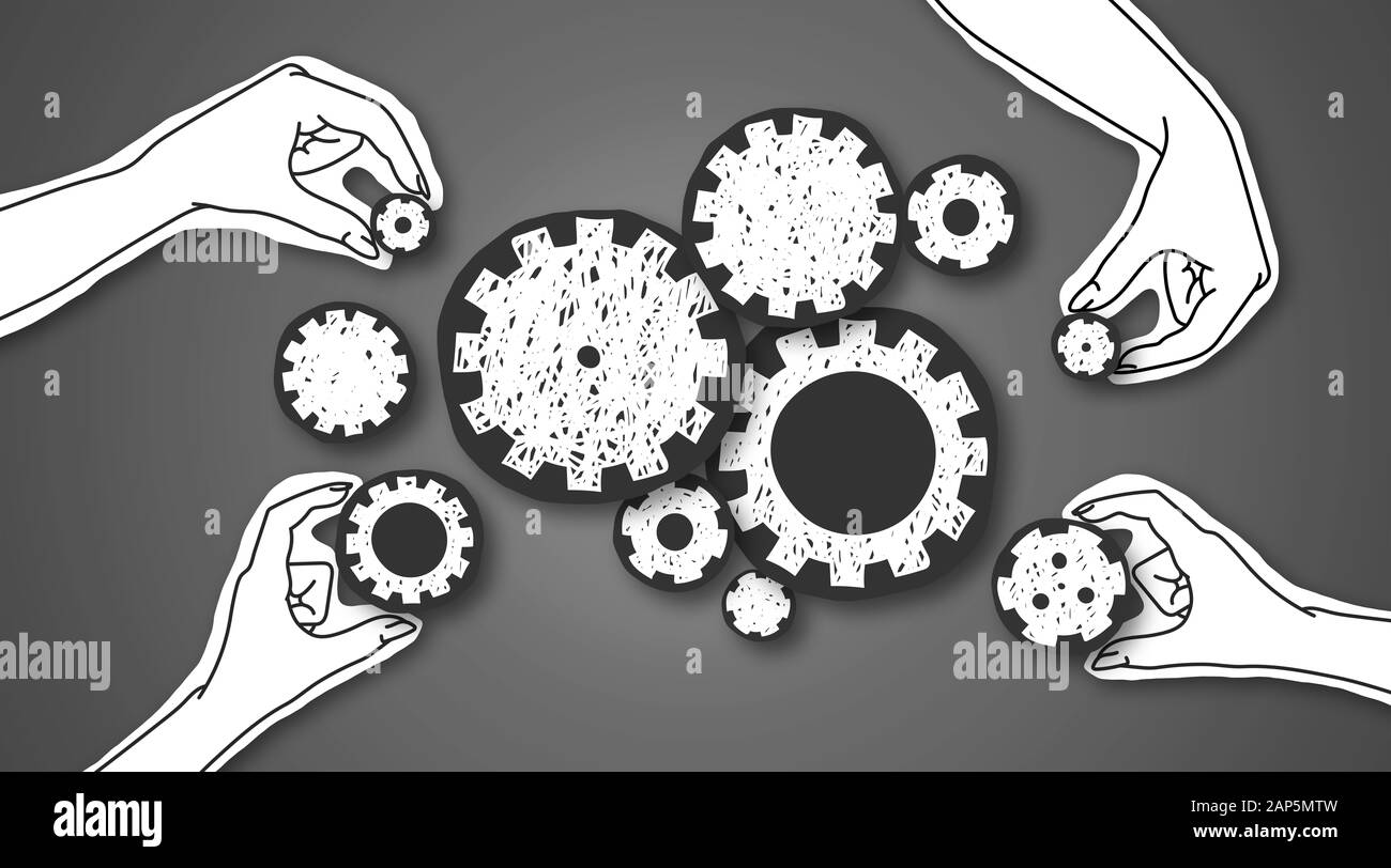 Paper hands connecting gears to each other over grey background Stock ...