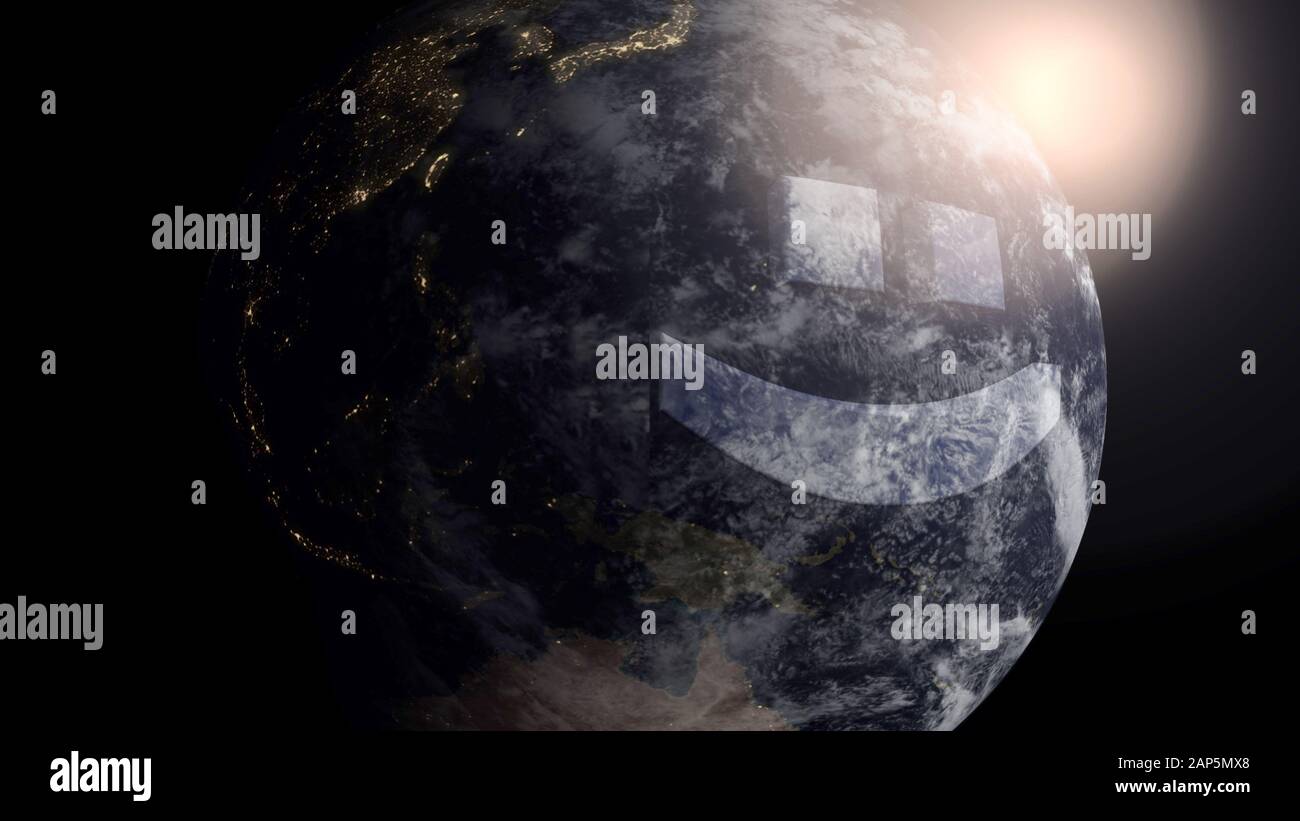Happy emoji face on realistic planet Earth Stock Photo - Alamy