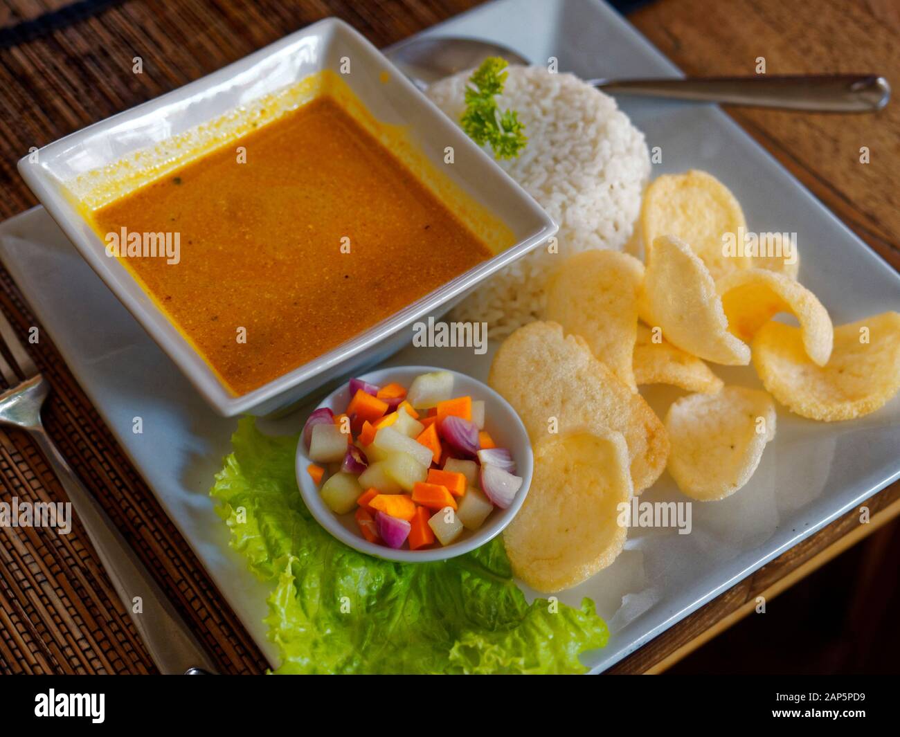 Rice, curry soup and vegetal for lunch, Yogyakarta, Jawa, Indonesia ...