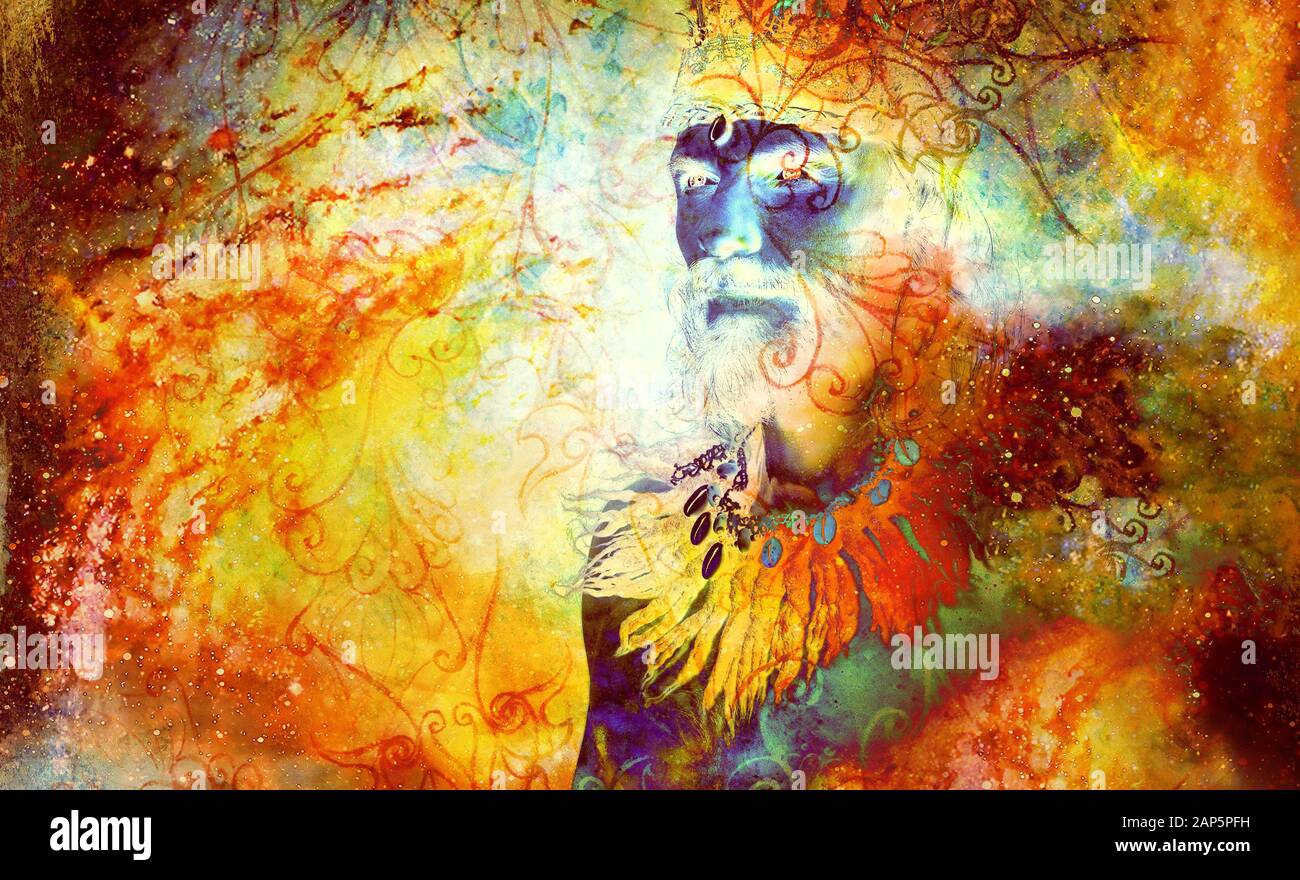shamanic man with on abstract structured space background Stock Photo ...