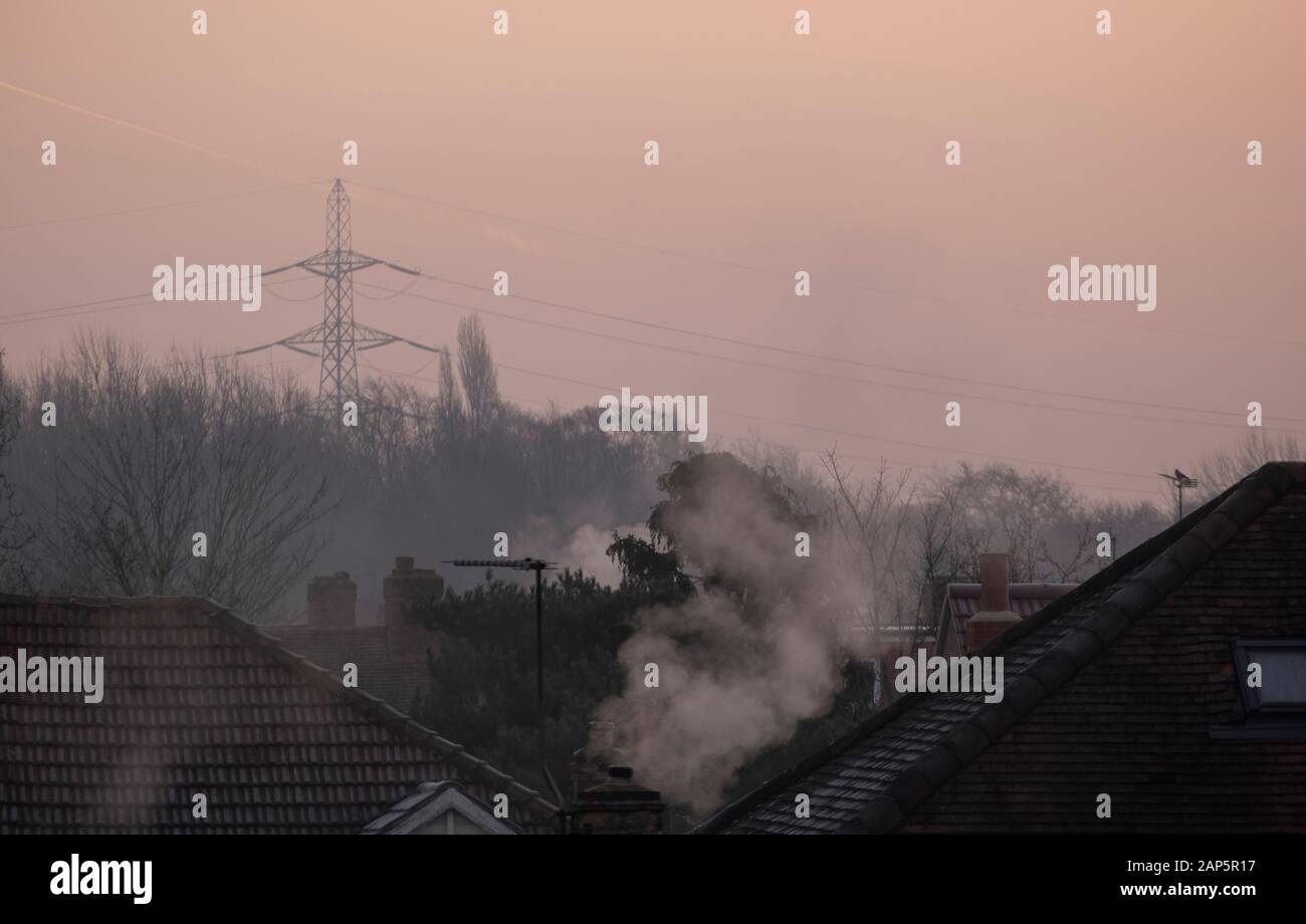 London, UK. January 2020. Domestic central heating systems vent steam ...