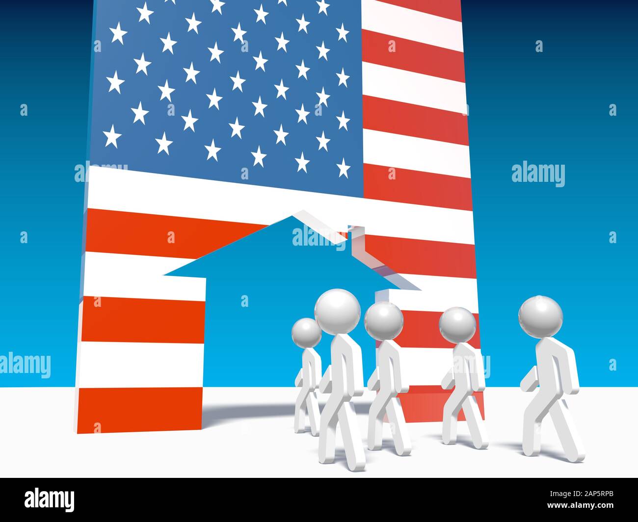 Illustration of illegal migration to USA. Home icon textured by ...