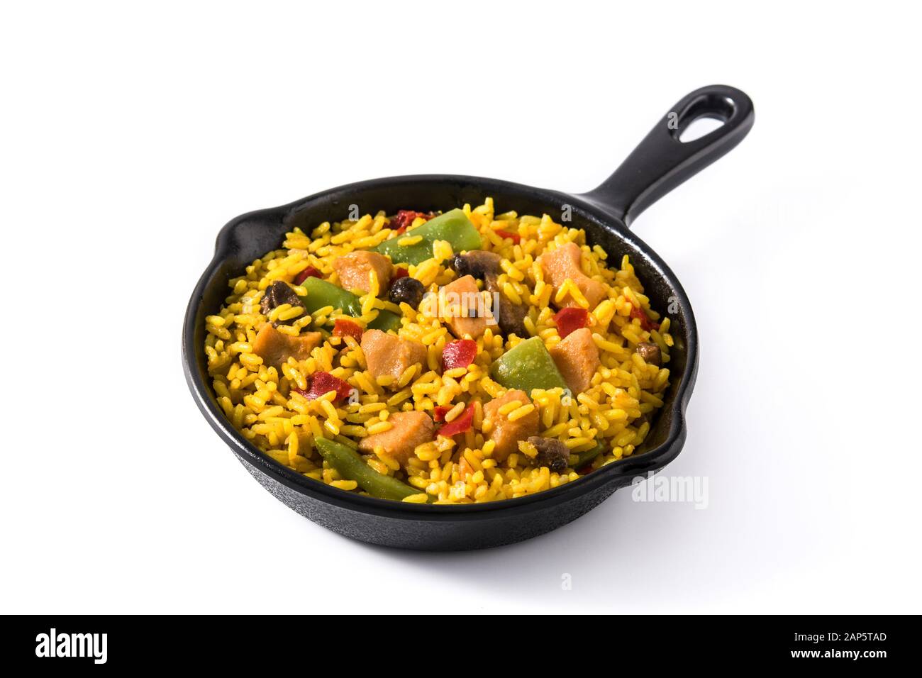 Fried rice with chicken and vegetables on frying iron pan isolated on ...