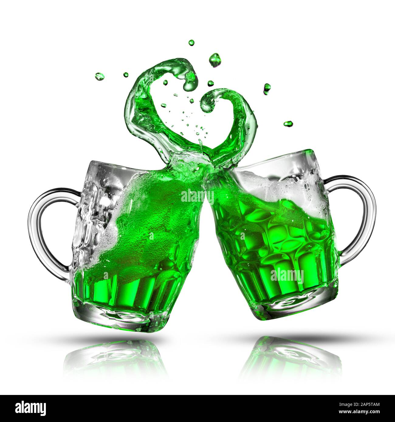 Two bouncing beer mugs with green drink splashes Stock Photo - Alamy