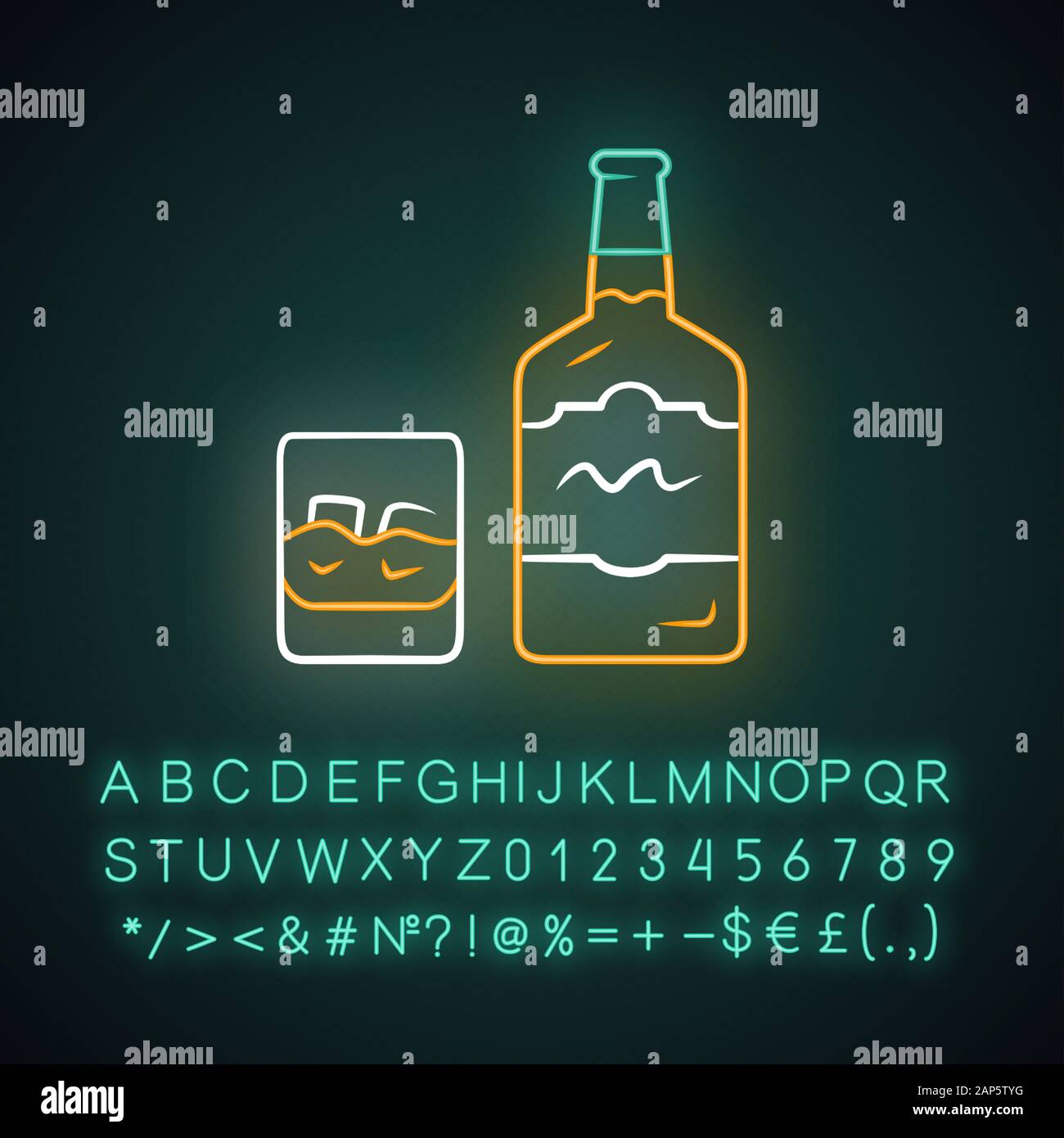 Whiskey neon light icon. Bottle and old fashioned glass with drink and ...