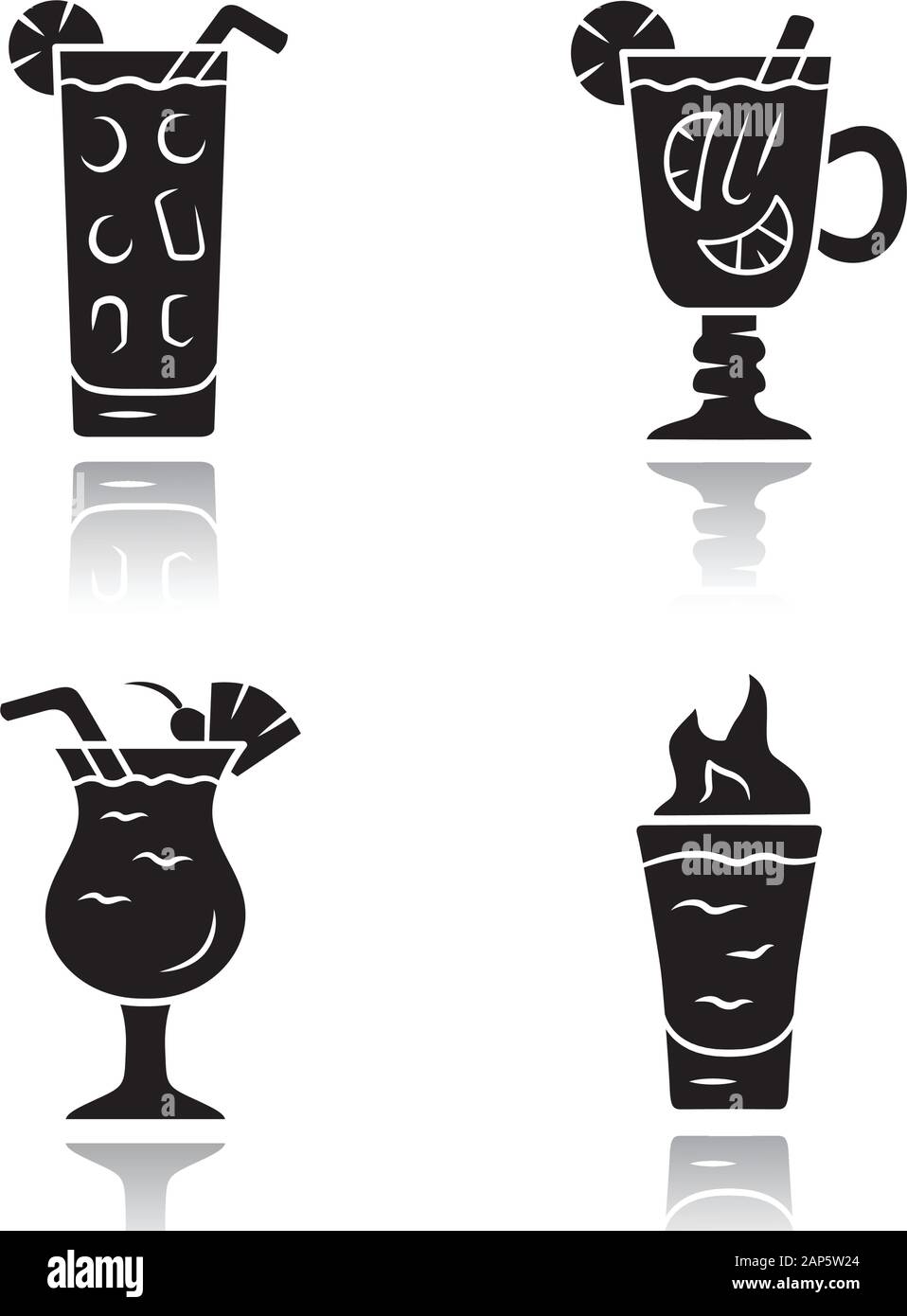 Drinks drop shadow black glyph icons set. Cocktail in highball glass ...