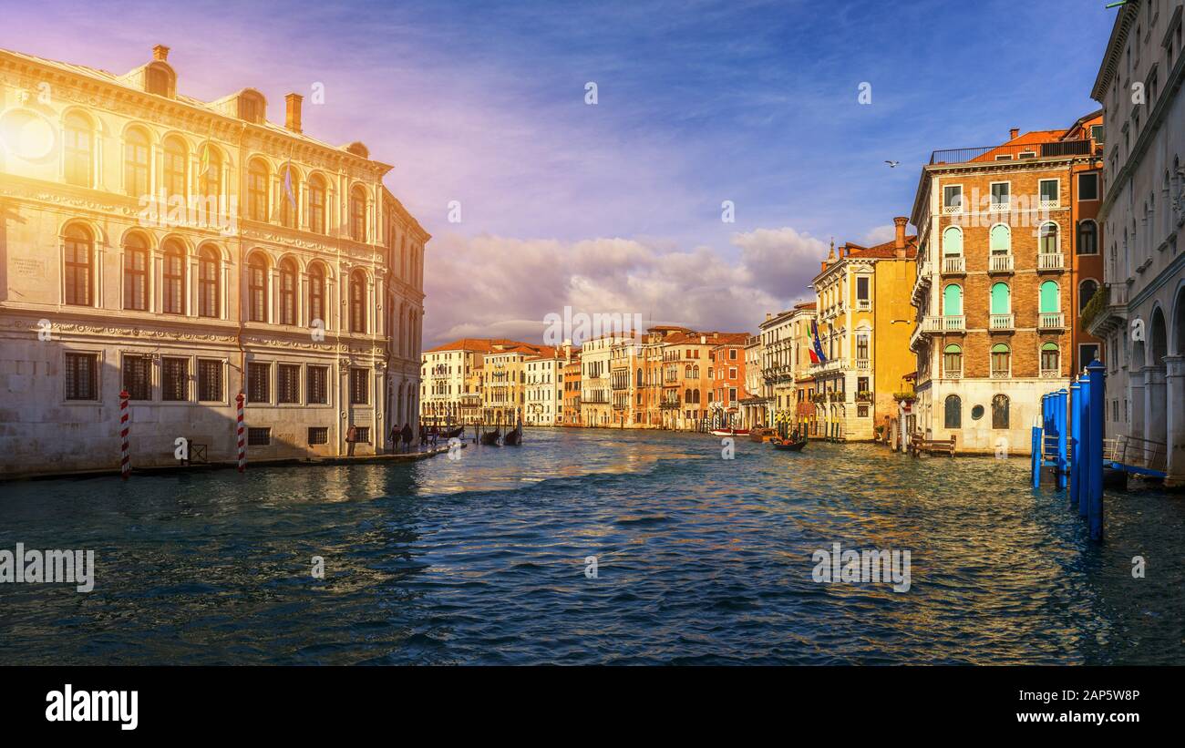 Grand Canal with gondolas in Venice, Italy. Sunset view of Venice Grand ...