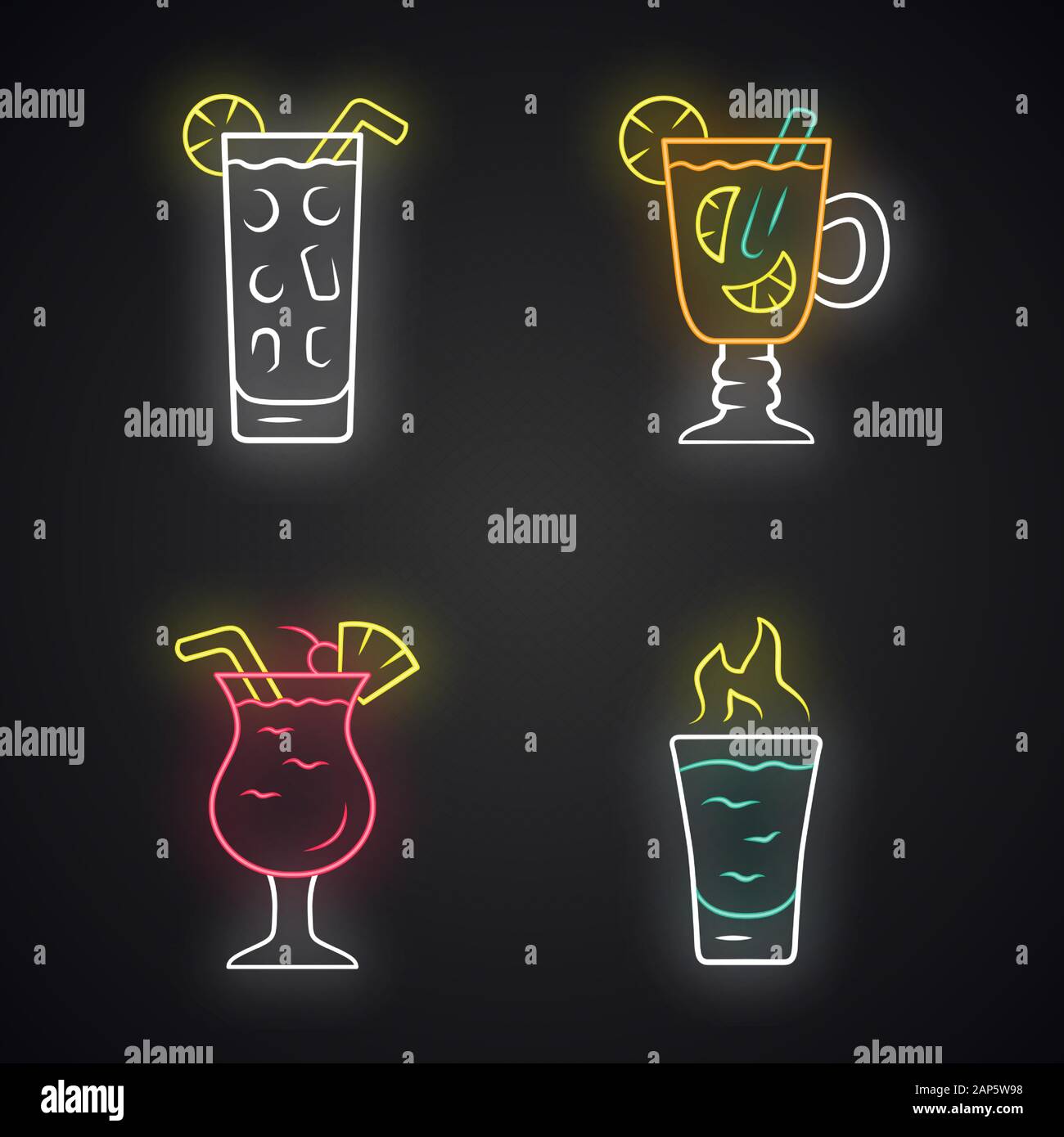 Drinks neon light icons set. Cocktail in highball glass, hot toddy ...