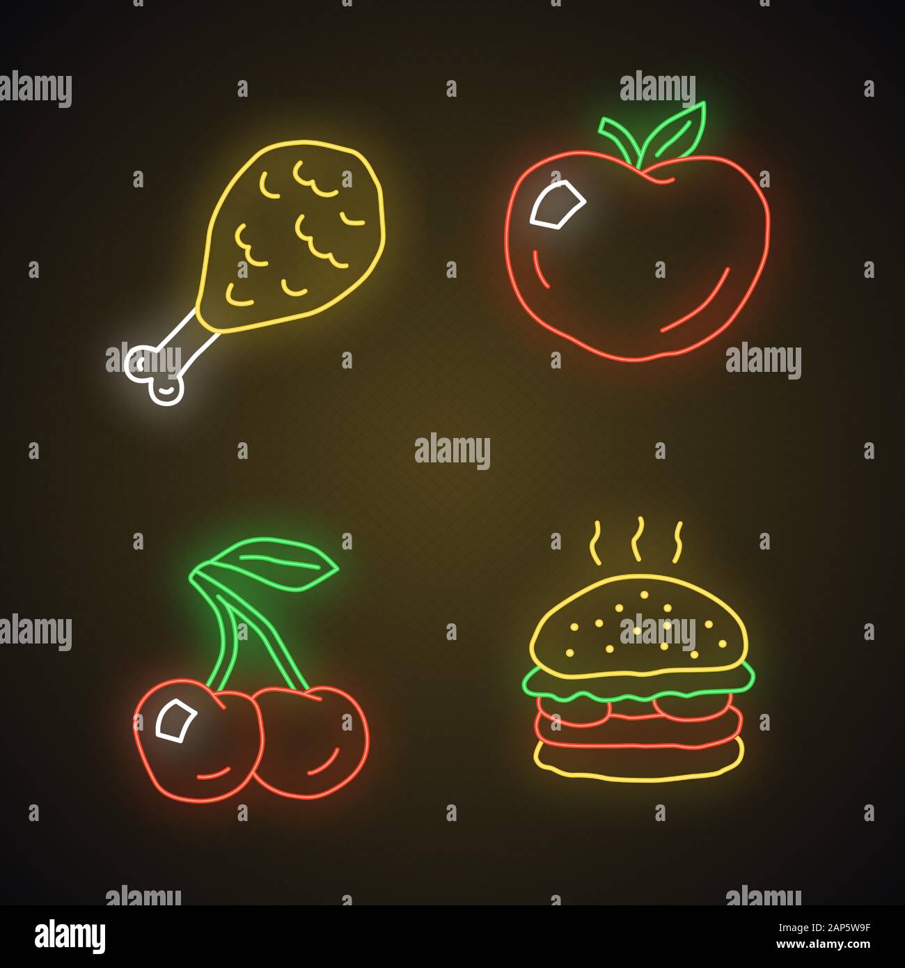 Healthy and harmful nutrition neon light icons set. Junk food and ...