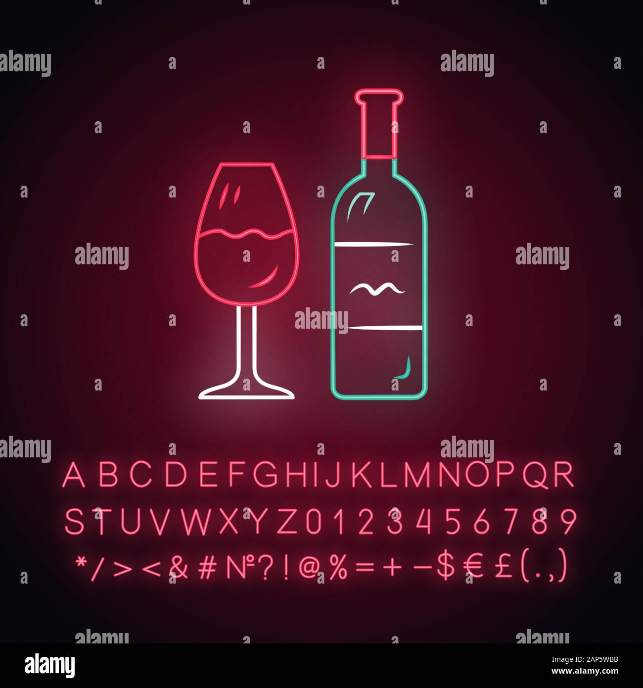 Wine neon light icon. Bottle and classic footed glass with wine. Vine ...