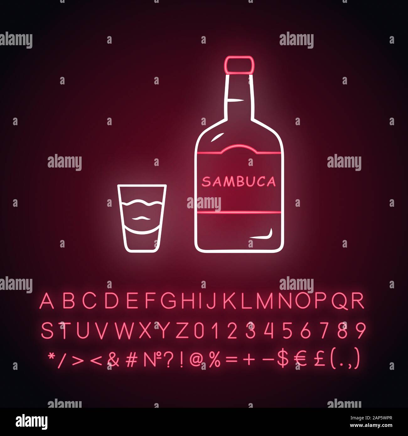 Sambuca neon light icon. Bottle and shot glass with drink. Alcoholic ...