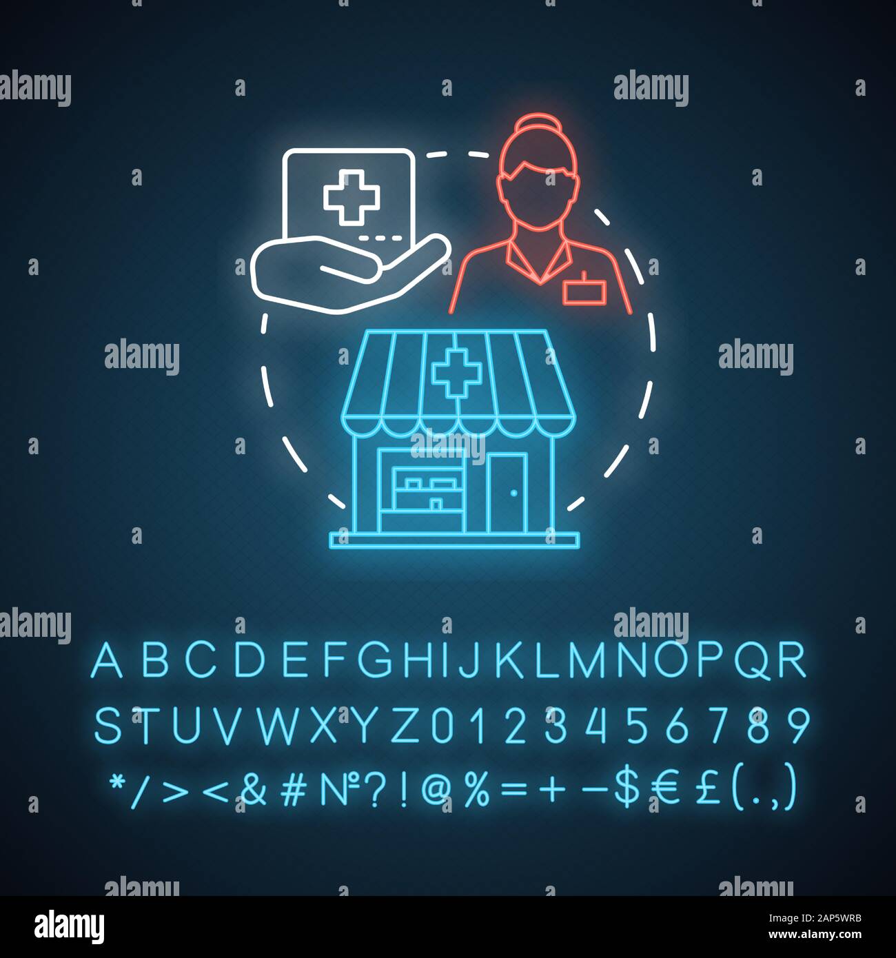 Community pharmacy neon light concept icon. Social, government service ...
