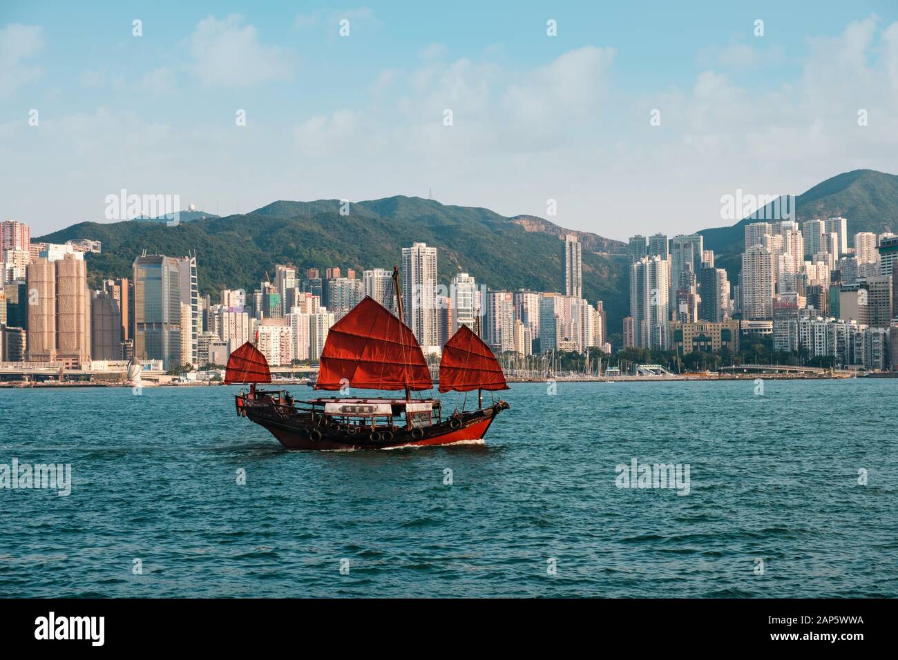 HongKong, November, 2019: Traditional, old sailing boat on Victoria ...