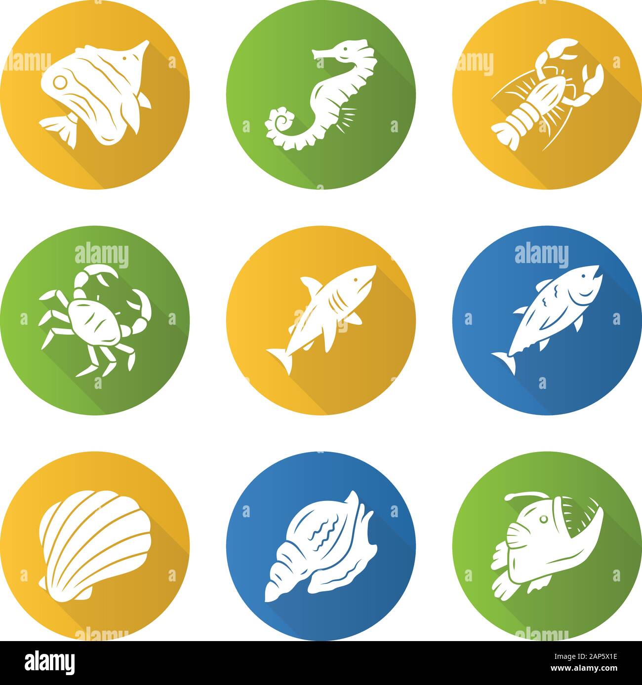 Marine animals flat design long shadow glyph icons set. Swimming shark ...