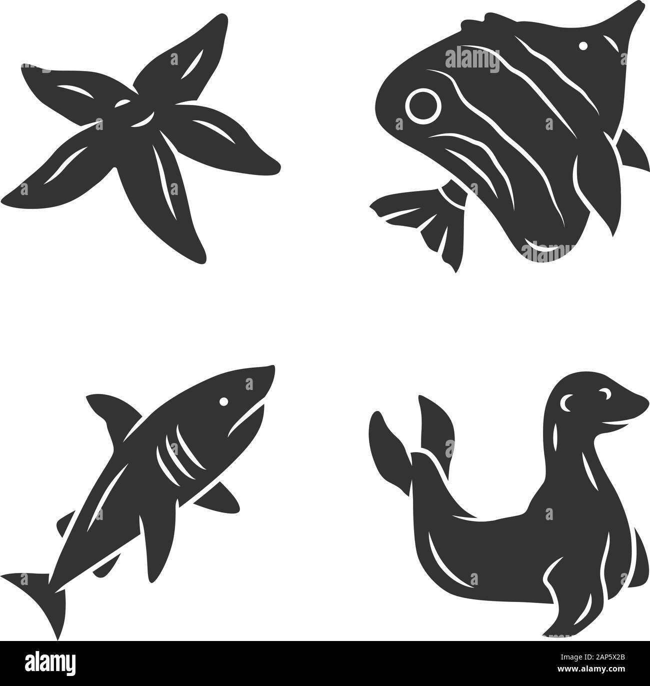 Sea animals glyph icons set. Starfish, butterflyfish, shark, seal ...