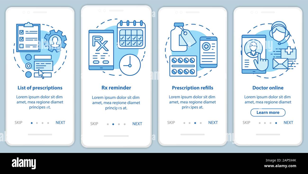 Prescription list and online pharmacy onboarding mobile app page screen ...