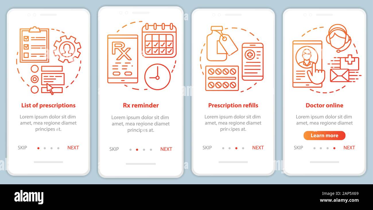 Prescription list and online pharmacy onboarding mobile app page screen ...