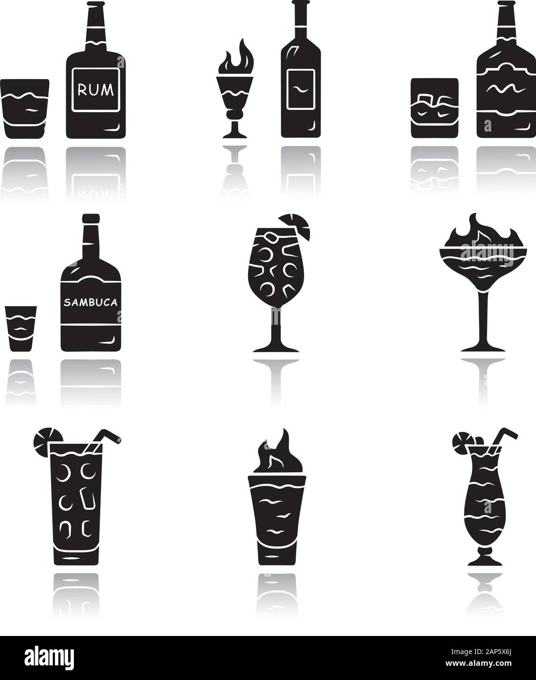 Drinks drop shadow black glyph icons set. Rum, absinthe, whiskey ...