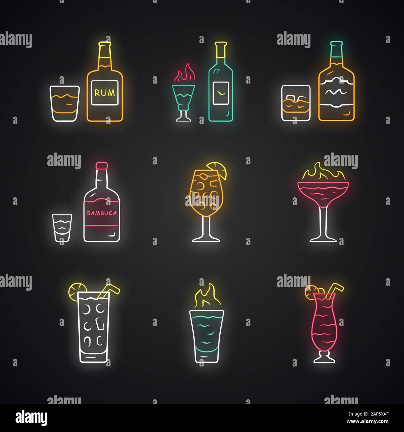 Drinks neon light icons set. Rum, absinthe, whiskey, sambuca, sangria ...