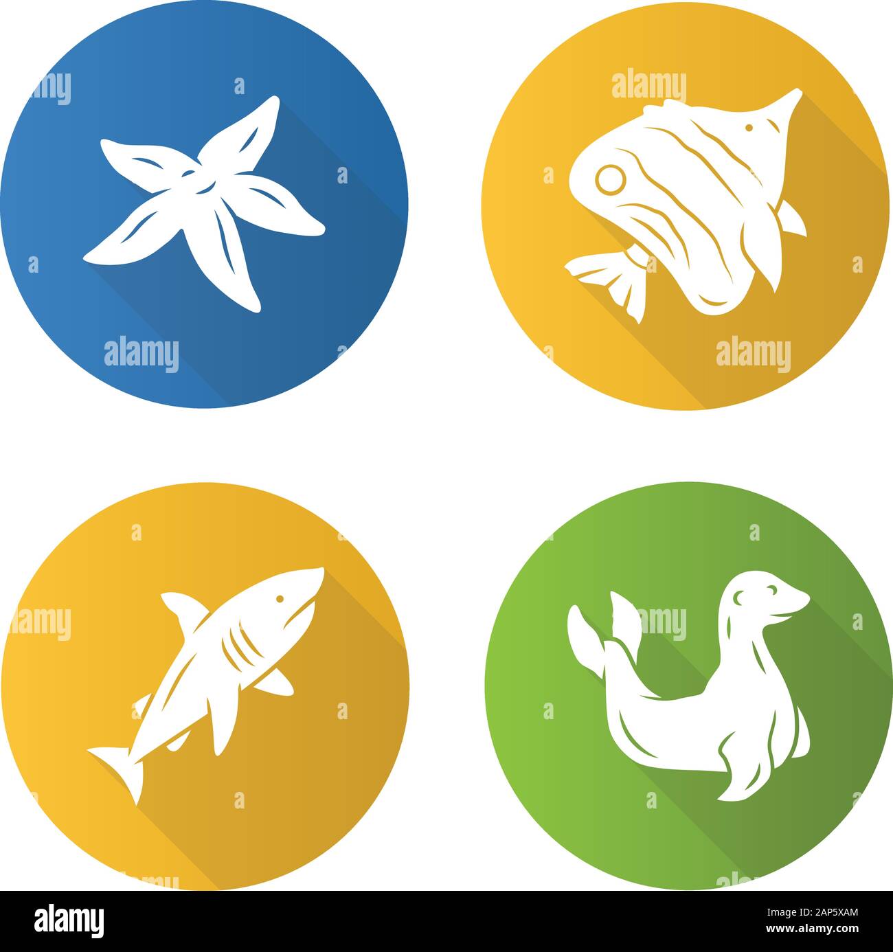 Sea animals flat design long shadow glyph icons set. tarfish ...