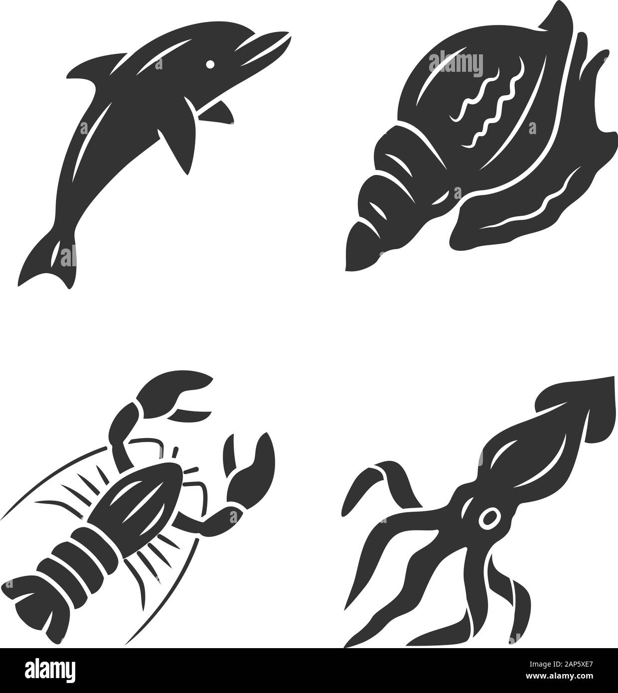 Ocean animals glyph icons set. Dolphin, squid, lobster, triton ...