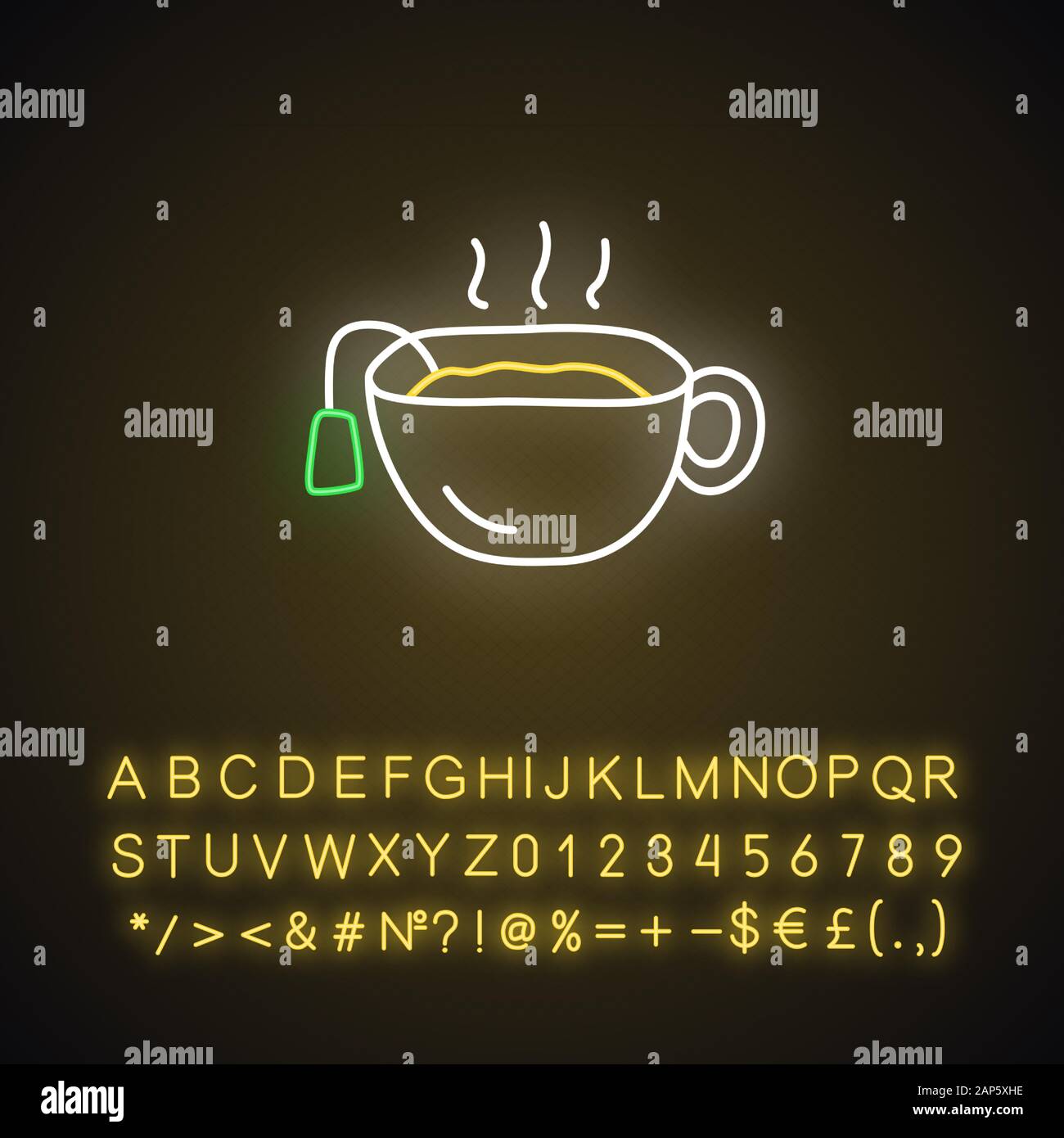 Hot tea cup neon light icon. Glowing sign with alphabet, numbers and ...