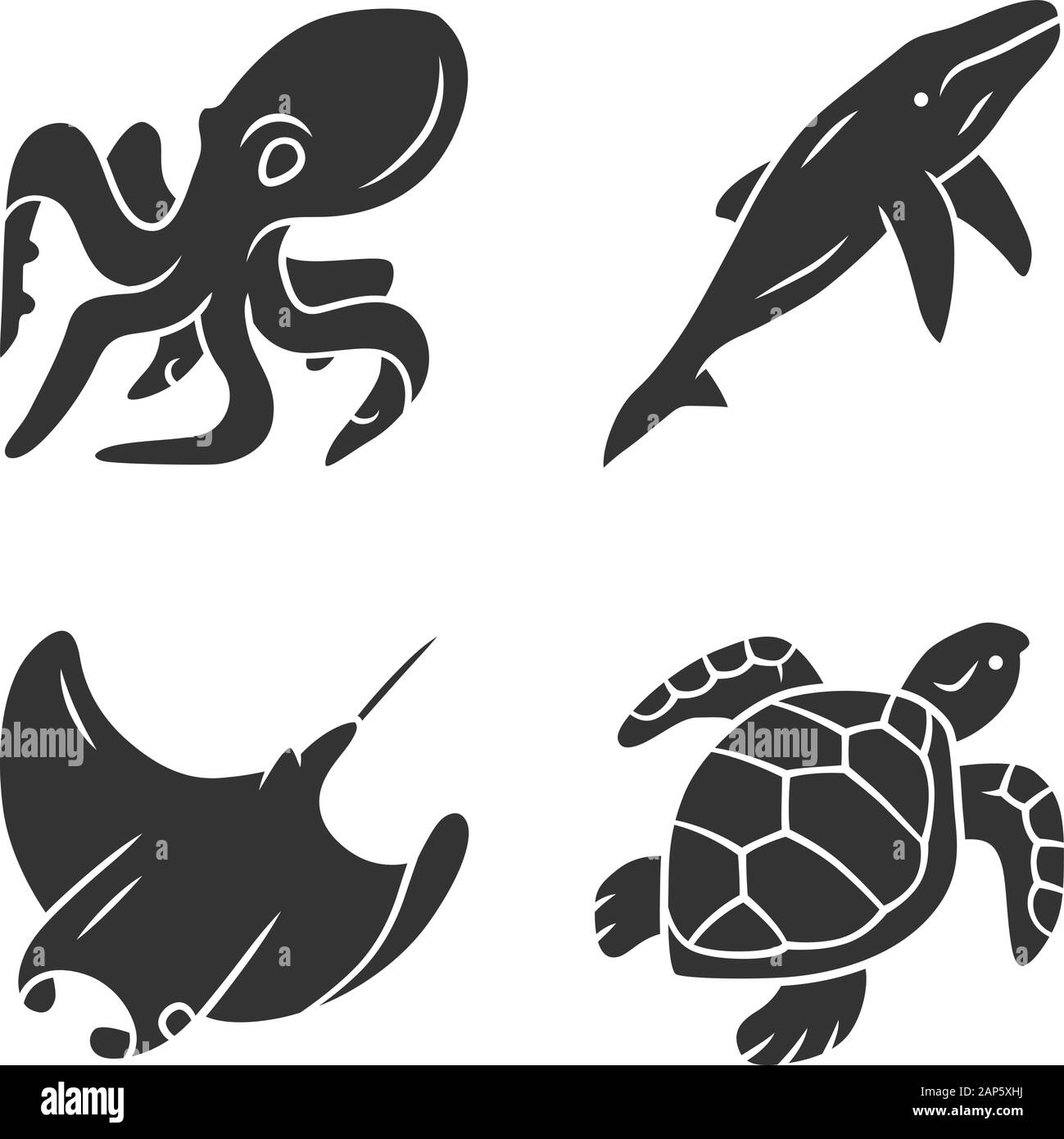 Underwater world glyph icons set. Swimming octopus, turtle, whale ...
