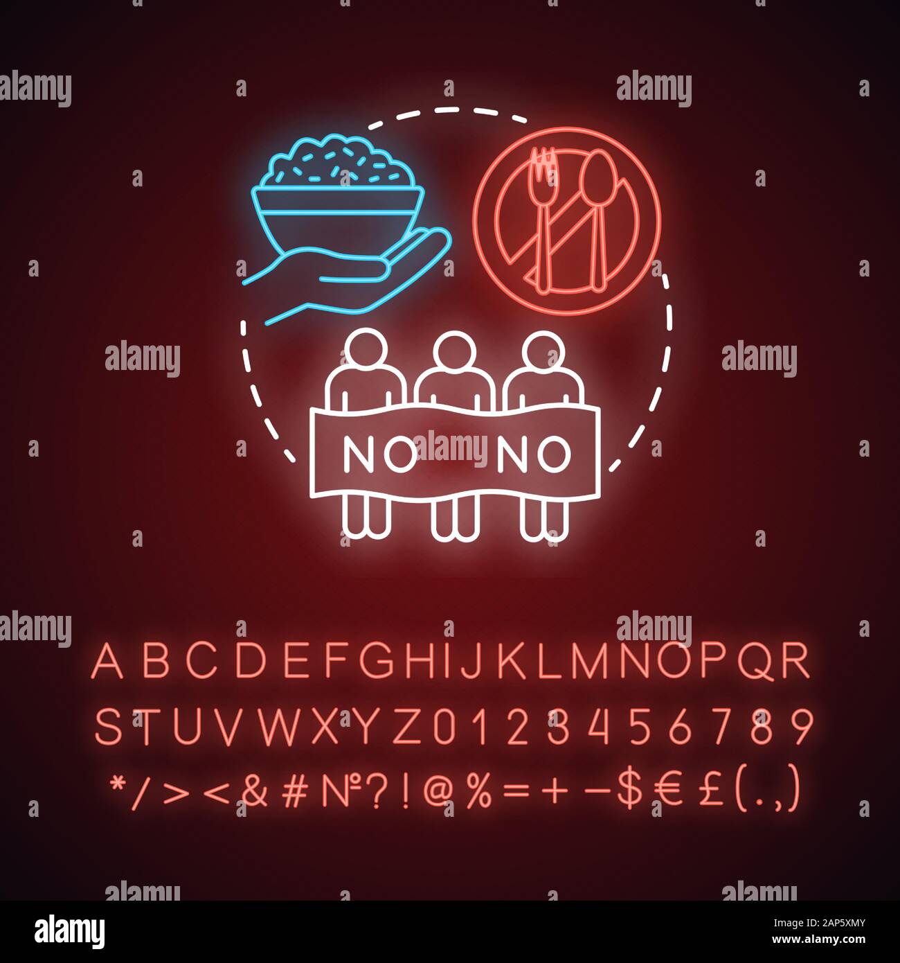 Hunger strike neon light concept icon. Voluntary food refuse ...