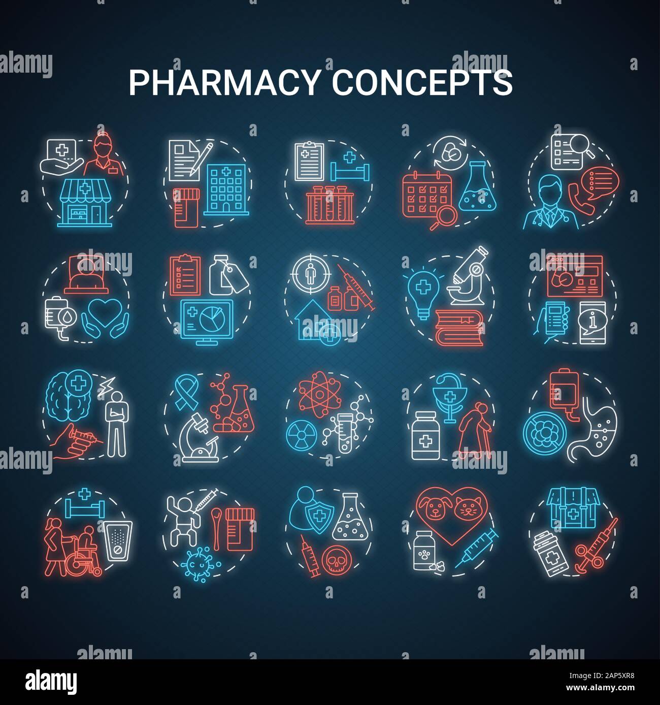 Pharmacy neon light concept icons set. Online medicine consultation ...