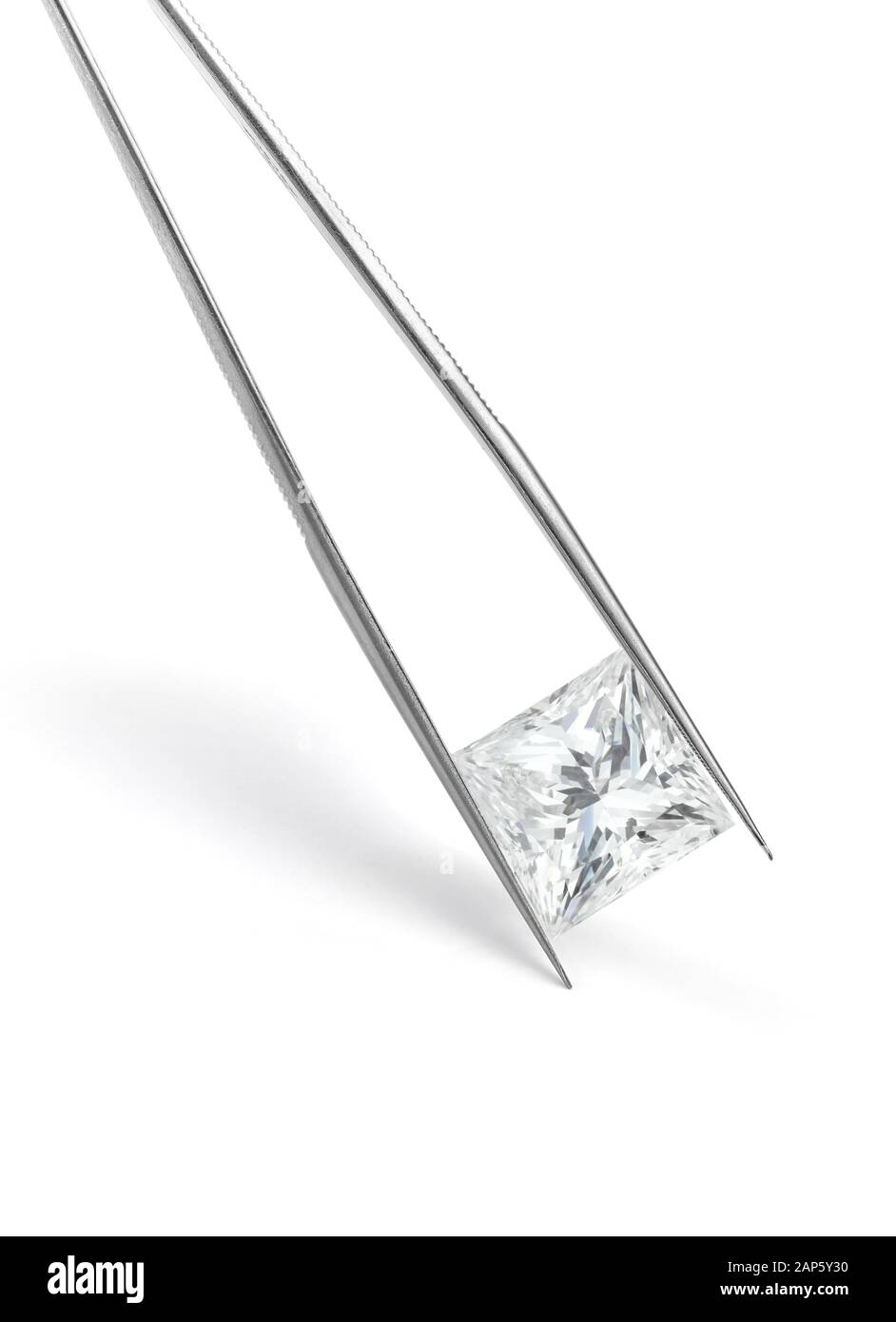 Square Princess Cut Diamond Held in Tweezers on White Background Stock ...
