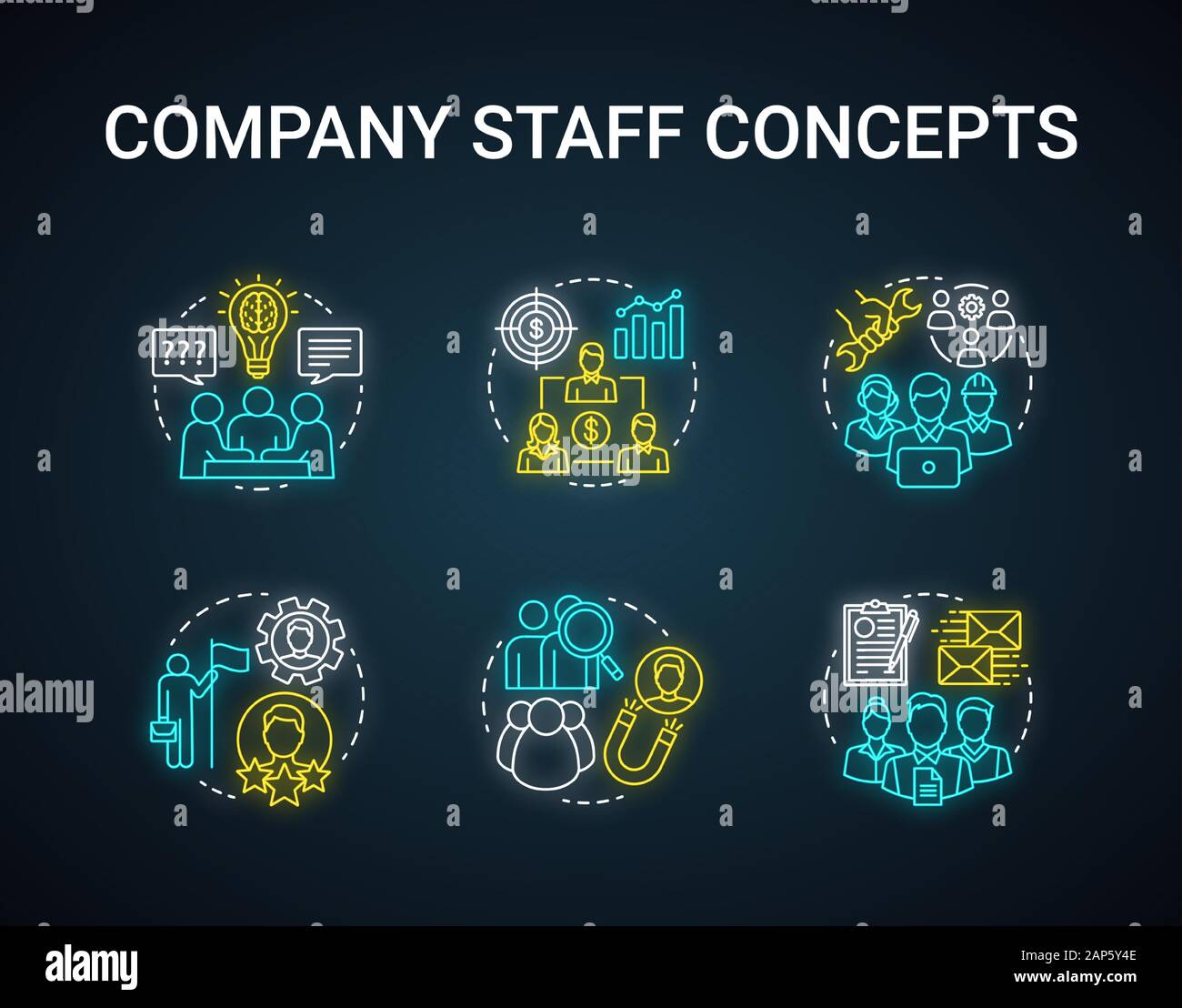 Company staff neon light concept icons set. Corporate personnel ...
