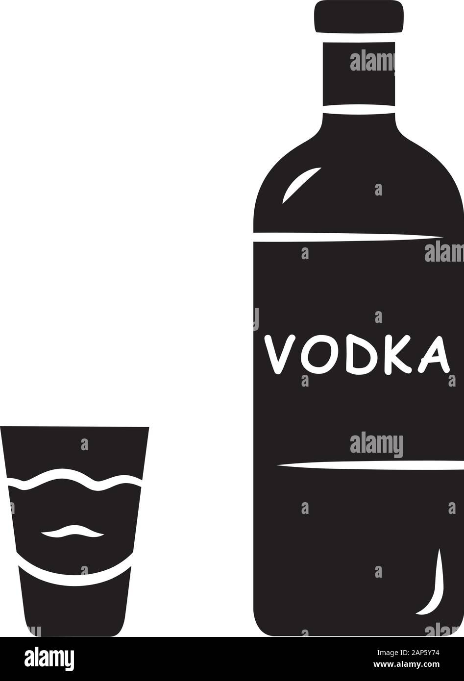 Vodka glyph icon. Bottle and shot glass with drink. Clear distilled ...