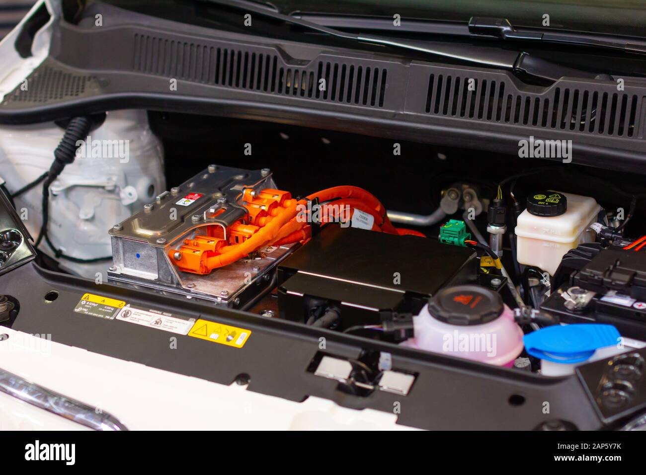 Under the hood of electric skoda citigo iV. Detail of electric car ...