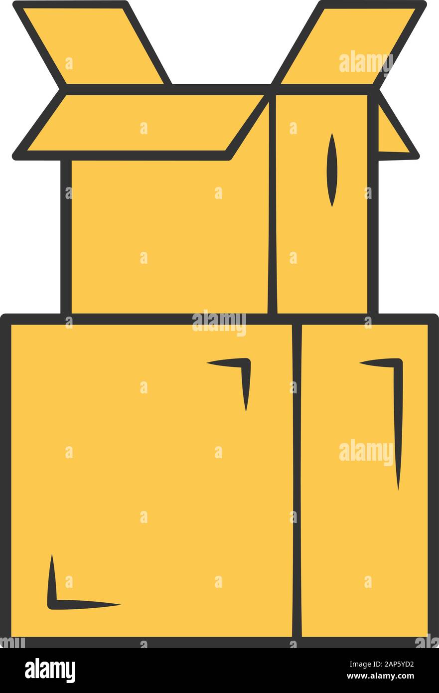 Cardboard boxes pile yellow color icon. Parcel packing. Empty open ...