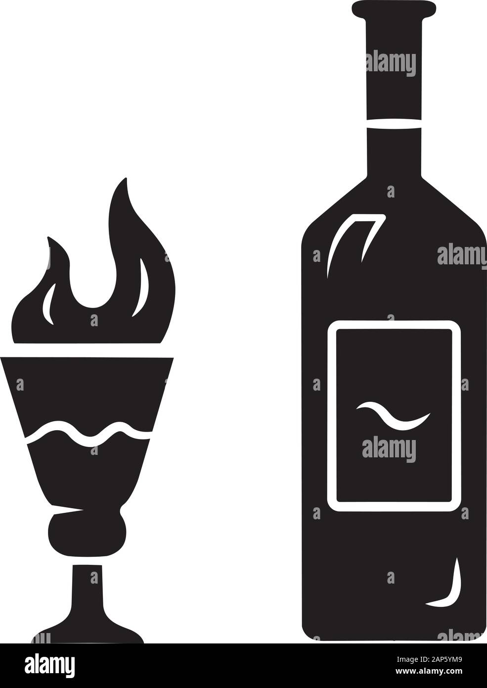 Absinthe glyph icon. Bottle and tall footed glass with flaming shot ...