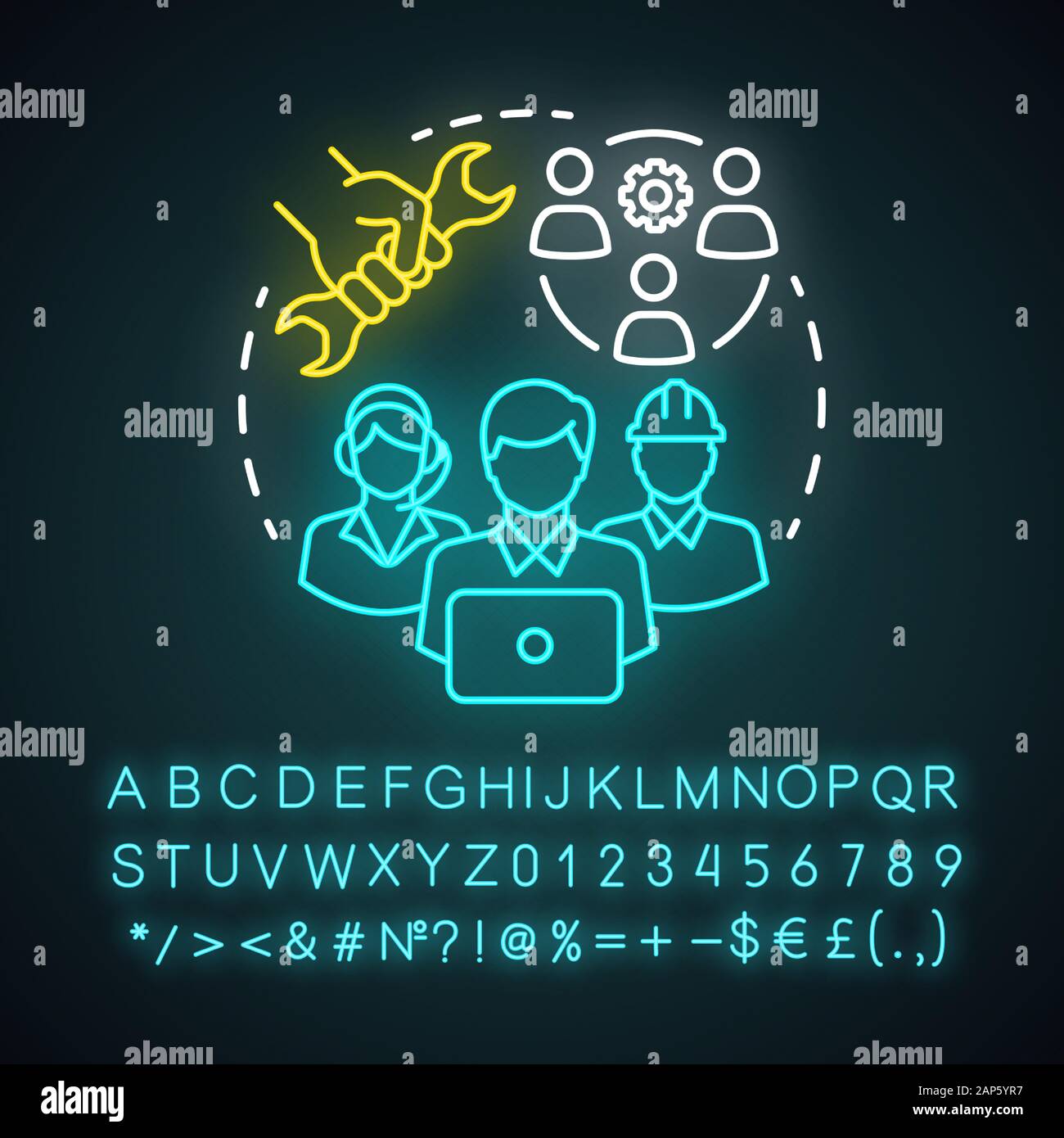 Technical team neon light concept icon. Company staff, workforce idea ...