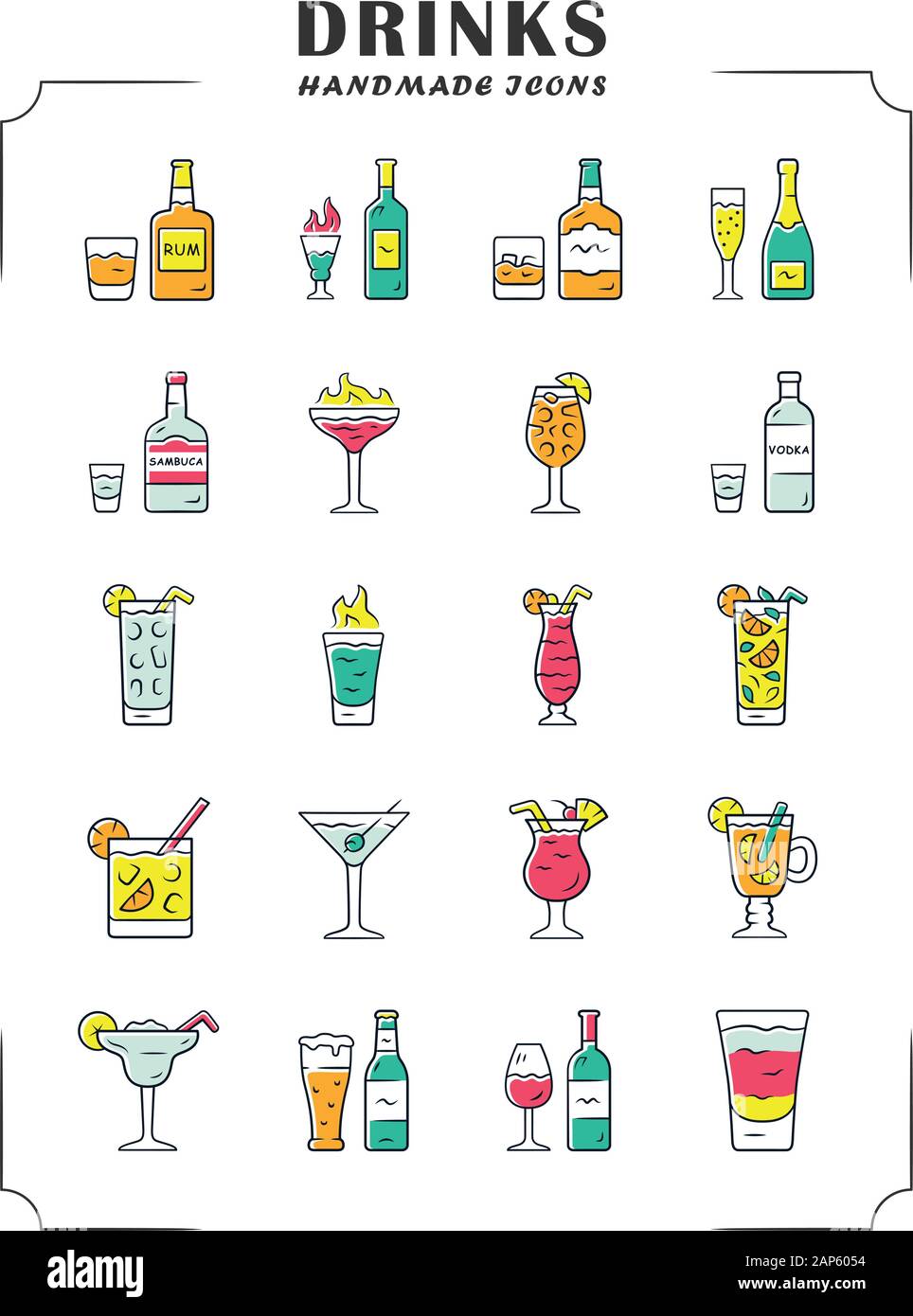 Drinks color icons set. Alcohol menu card. Beverages for cocktails ...