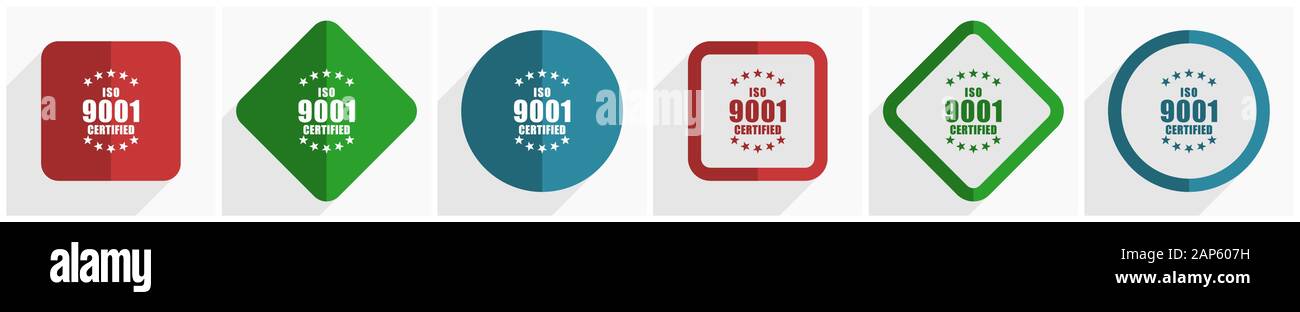 Iso 9001 icon set, flat design vector illustration in 6 options for ...
