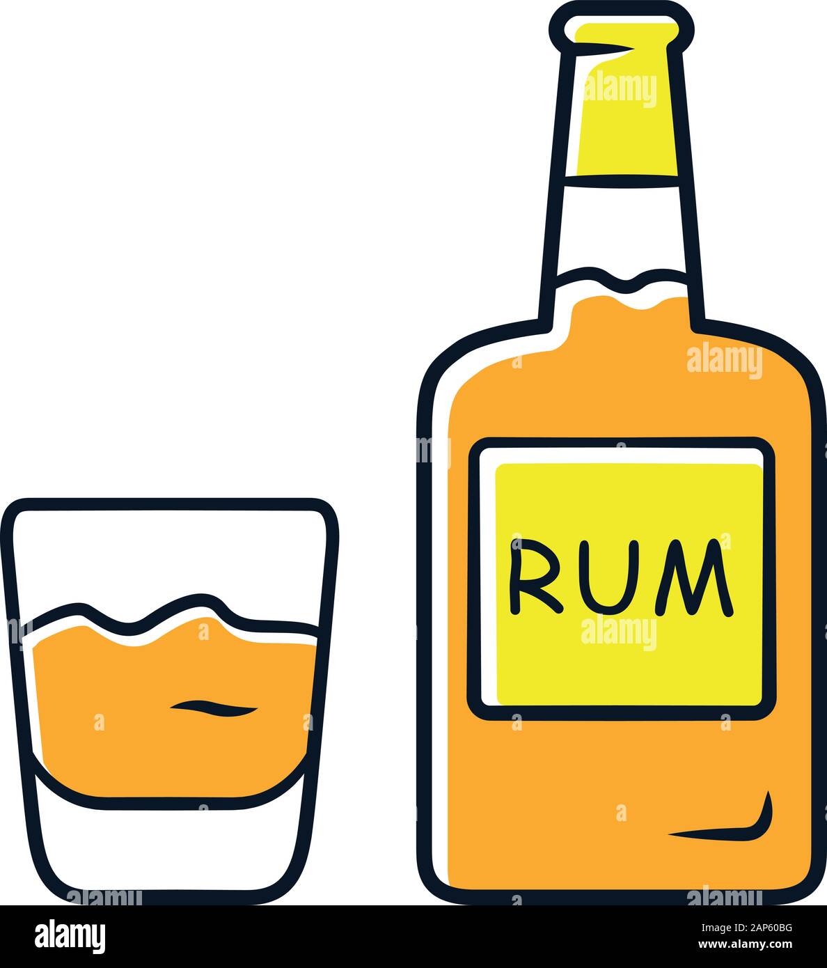 Rum orange color icon. Bottle and old-fashioned glass with alcoholic ...