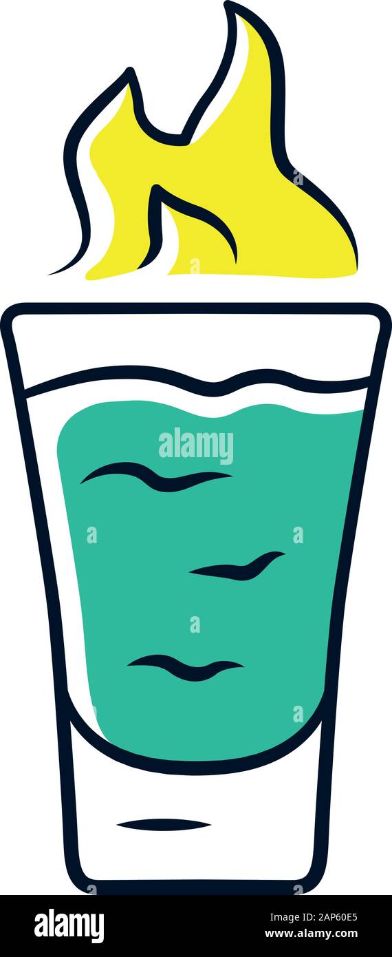 Flaming shot green color icon. Glass with beverage and burning fire ...