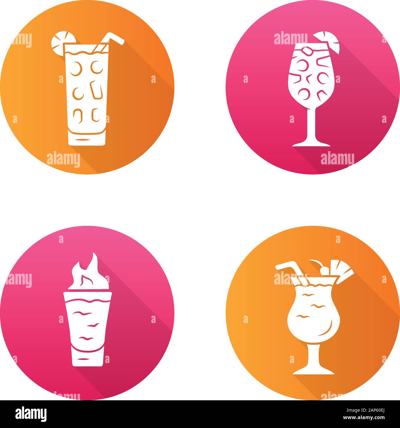 Drinks flat design long shadow glyph icons set. Cocktail in highball ...