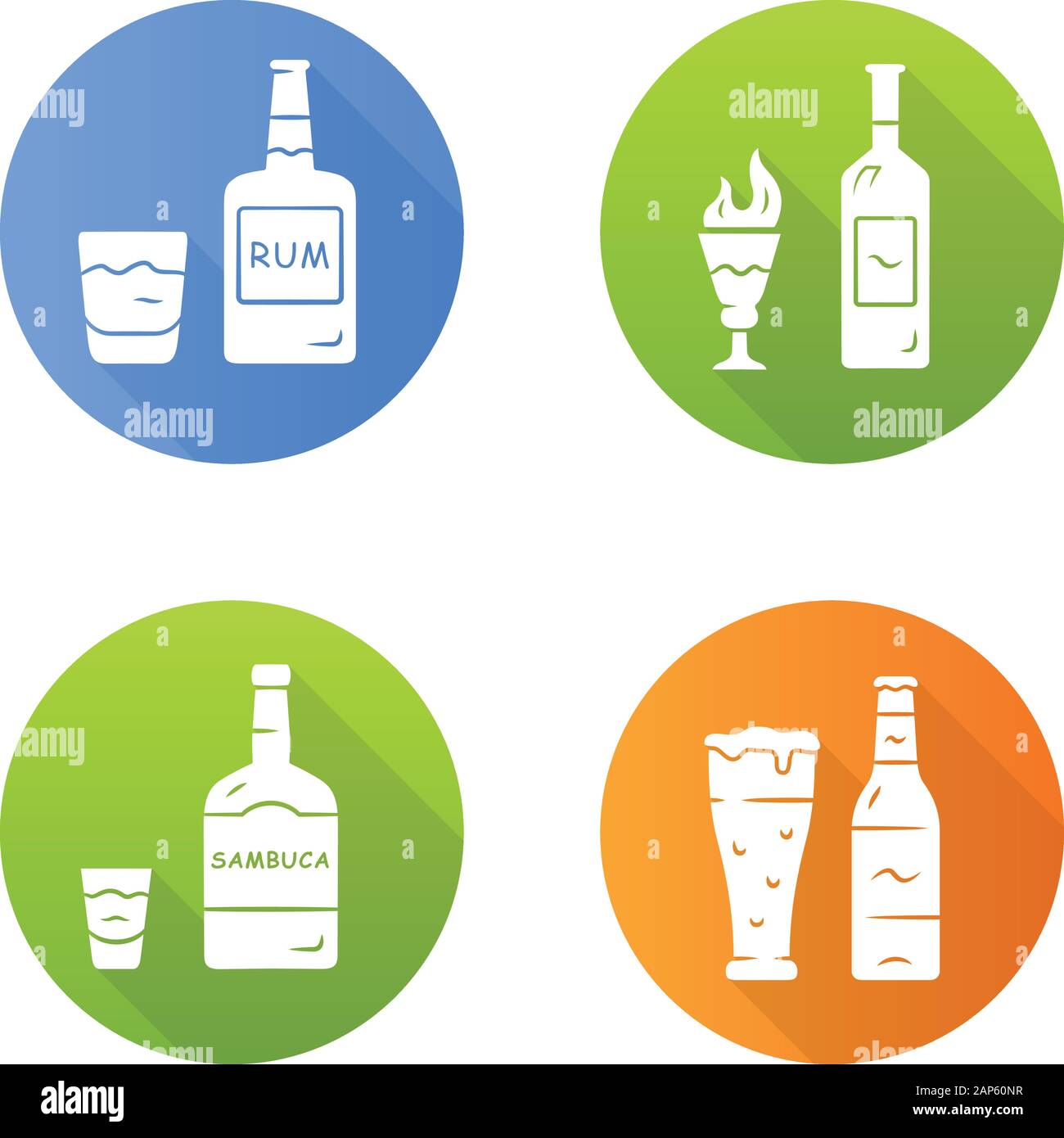 Drinks flat design long shadow glyph icons set. Rum, absinthe, sambuca ...