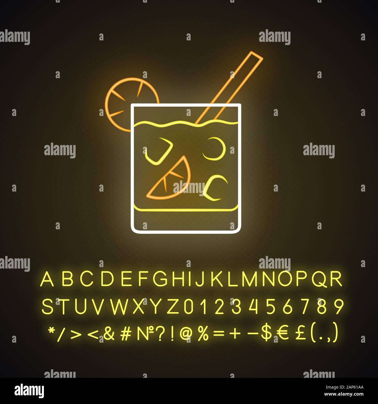Cocktail in lowball glass neon light icon. Refreshing alcohol cold ...
