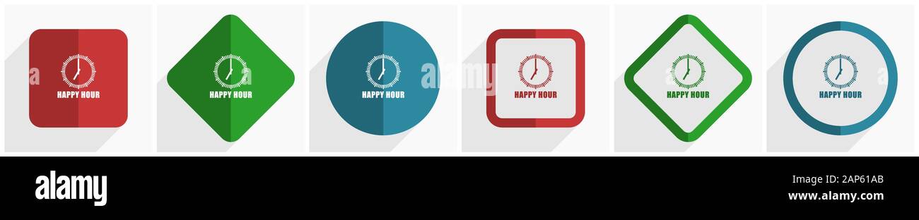 Happy hour icon set, flat design vector illustration in 6 options for ...