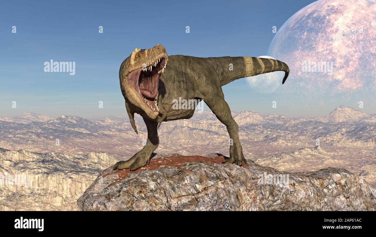 T-Rex Dinosaur, Tyrannosaurus Rex reptile walking on rock, prehistoric ...