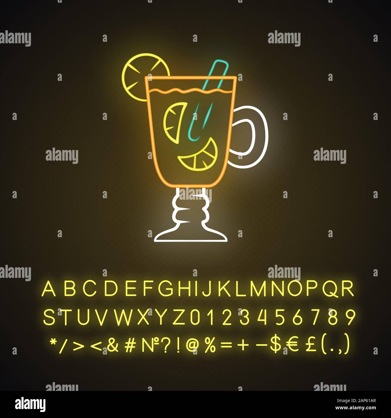 Hot toddy neon light icon. Hot whiskey in Irish coffee glass. Spiced ...