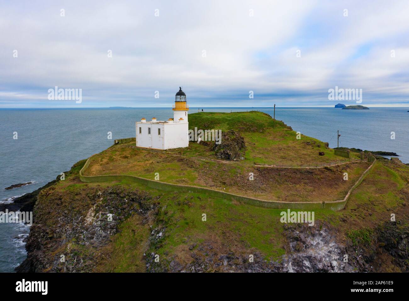 Aerial view of lighthouse on the Island of Fidra in the Firth of Forth ...